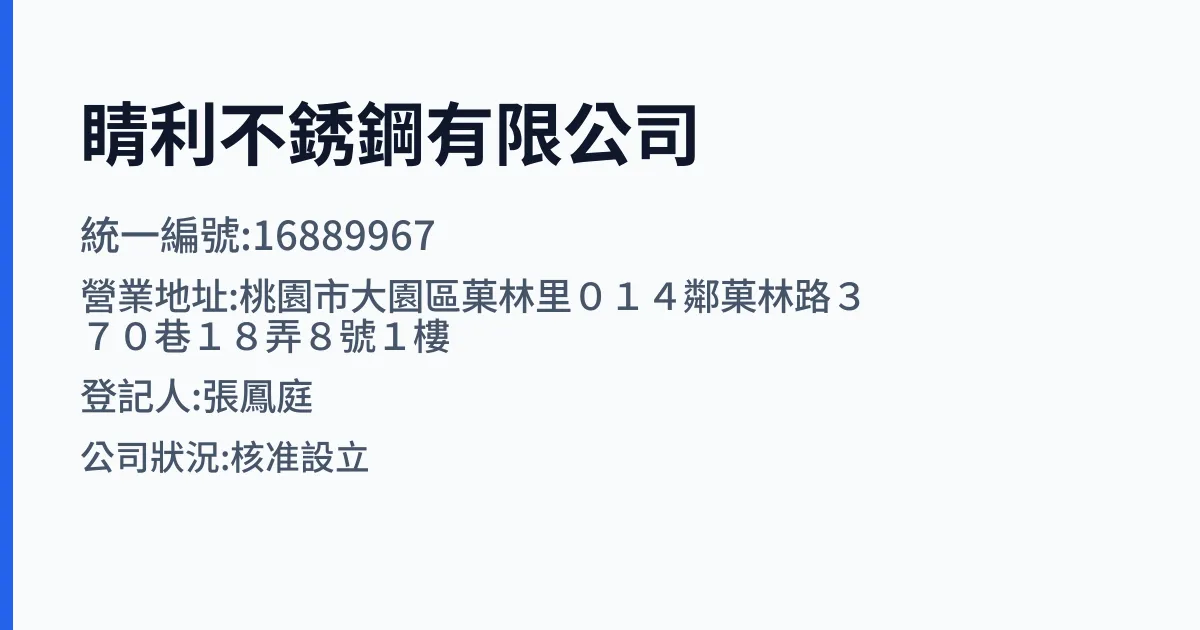 睛利不銹鋼有限公司 - 統編 16889967(桃園市) 公司登記資料與營業項目詳細圖表
