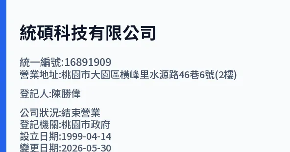 統碩科技有限公司的照片-統編 16891909(桃園市) 公司登記資料與營業項目詳細圖表
