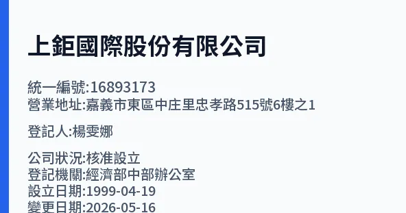上鉅國際股份有限公司的照片-統編 16893173(嘉義市) 公司登記資料與營業項目詳細圖表