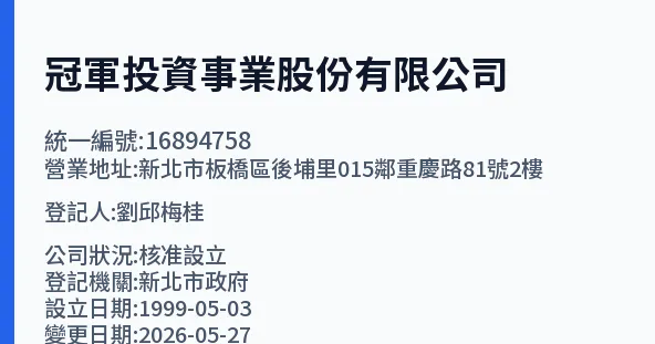 冠軍投資事業股份有限公司的照片-統編 16894758(新北市) 公司登記資料與營業項目詳細圖表