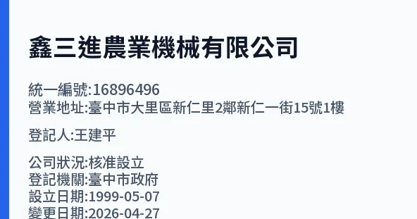 鑫三進農業機械有限公司的照片-統編 16896496(臺中市) 公司登記資料與營業項目詳細圖表