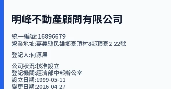 明峰不動產顧問有限公司的照片-統編 16896679(嘉義縣) 公司登記資料與營業項目詳細圖表
