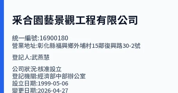釆合園藝景觀工程有限公司的照片-統編 16900180(彰化縣) 公司登記資料與營業項目詳細圖表