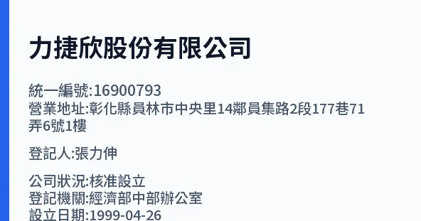 力捷欣股份有限公司的照片-統編 16900793(彰化縣) 公司登記資料與營業項目詳細圖表