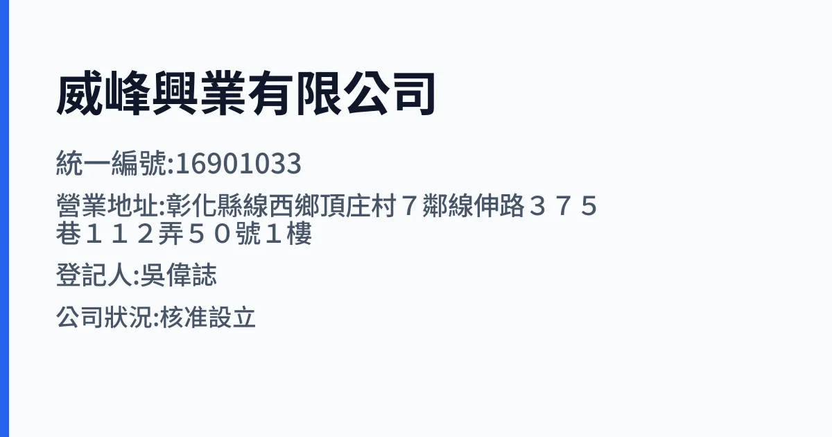 威峰興業有限公司 - 統編 16901033(彰化縣) 公司登記資料與營業項目詳細圖表