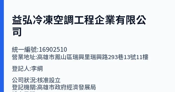 益弘冷凍空調工程企業有限公司的照片-統編 16902510(高雄市) 公司登記資料與營業項目詳細圖表