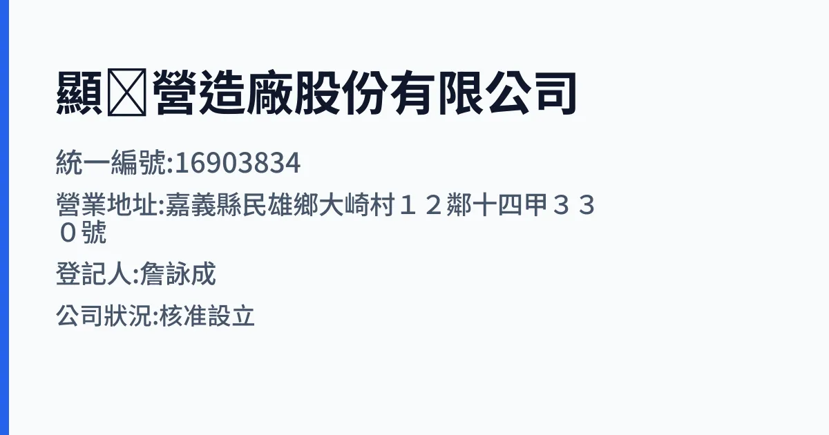 顯爲營造廠股份有限公司 - 統編 16903834(嘉義縣) 公司登記資料與營業項目詳細圖表