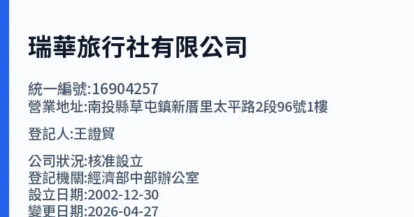 瑞華旅行社有限公司的照片-統編 16904257(南投縣) 公司登記資料與營業項目詳細圖表