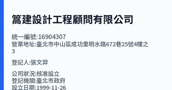 篙建設計工程顧問有限公司的照片-統編 16904307(臺北市) 公司登記資料與營業項目詳細圖表