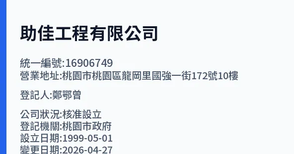 助佳工程有限公司的照片-統編 16906749(桃園市) 公司登記資料與營業項目詳細圖表