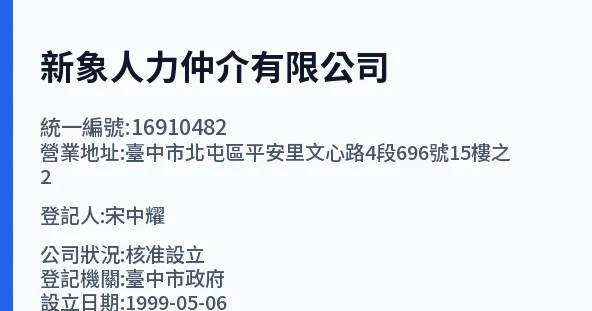 新象人力仲介有限公司的照片-統編 16910482(臺中市) 公司登記資料與營業項目詳細圖表