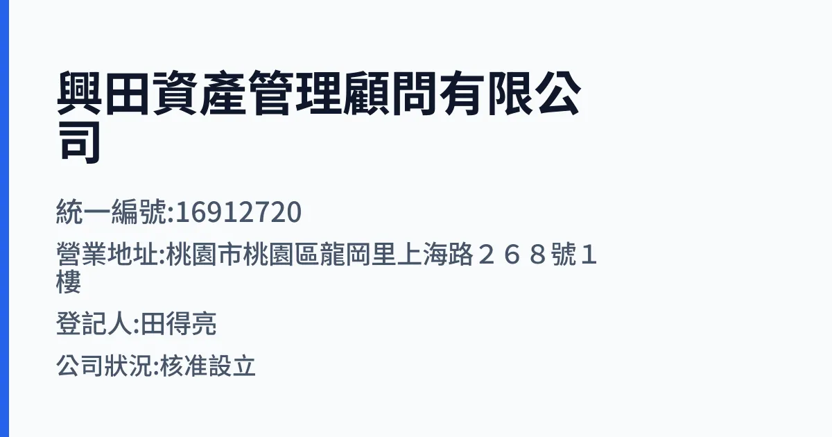 興田資產管理顧問有限公司 - 統編 16912720(桃園市) 公司登記資料與營業項目詳細圖表