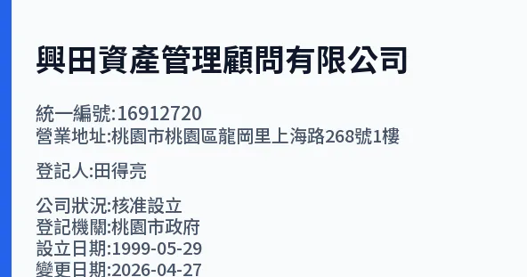 興田資產管理顧問有限公司的照片-統編 16912720(桃園市) 公司登記資料與營業項目詳細圖表
