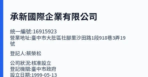 承新國際企業有限公司的照片-統編 16915923(臺中市) 公司登記資料與營業項目詳細圖表