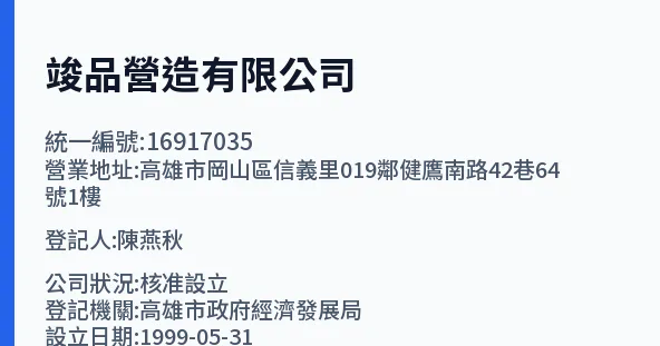 竣品營造有限公司的照片-統編 16917035(高雄市) 公司登記資料與營業項目詳細圖表