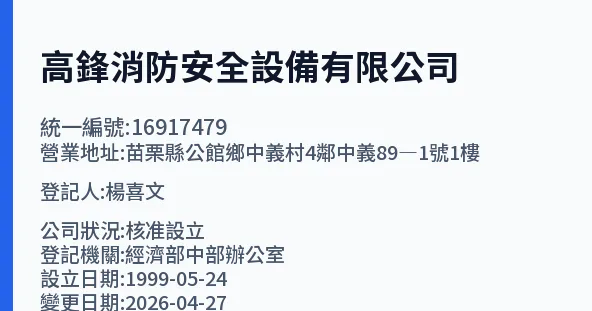 高鋒消防安全設備有限公司的照片-統編 16917479(苗栗縣) 公司登記資料與營業項目詳細圖表