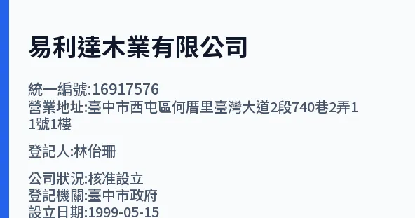 易利達木業有限公司的照片-統編 16917576(臺中市) 公司登記資料與營業項目詳細圖表