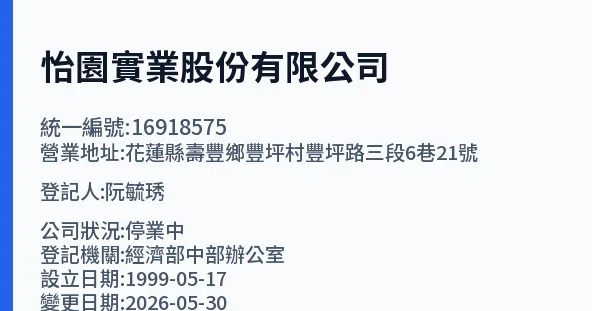 怡園實業股份有限公司的照片-統編 16918575(花蓮縣) 公司登記資料與營業項目詳細圖表
