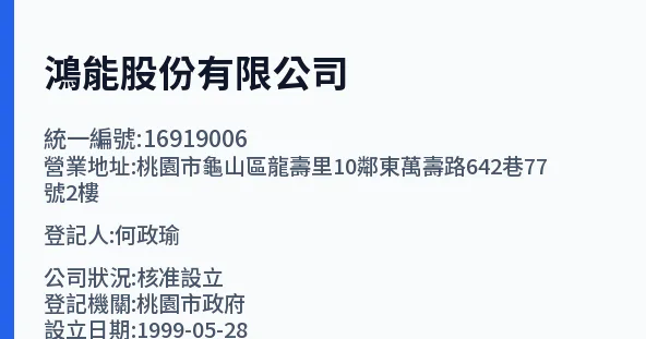 鴻能股份有限公司的照片-統編 16919006(桃園市) 公司登記資料與營業項目詳細圖表