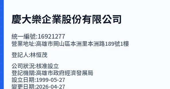 慶大樂企業股份有限公司的照片-統編 16921277(高雄市) 公司登記資料與營業項目詳細圖表