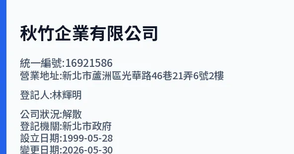 秋竹企業有限公司的照片-統編 16921586(新北市) 公司登記資料與營業項目詳細圖表