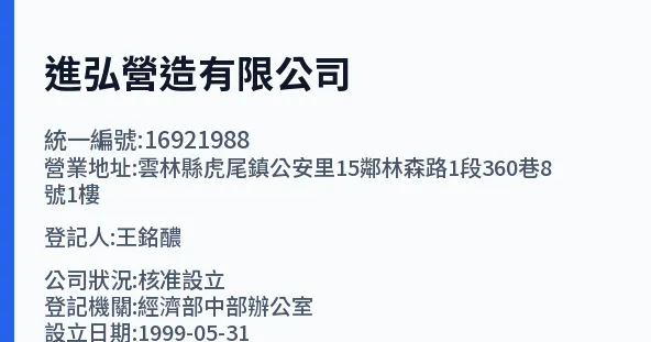 進弘營造有限公司的照片-統編 16921988(雲林縣) 公司登記資料與營業項目詳細圖表