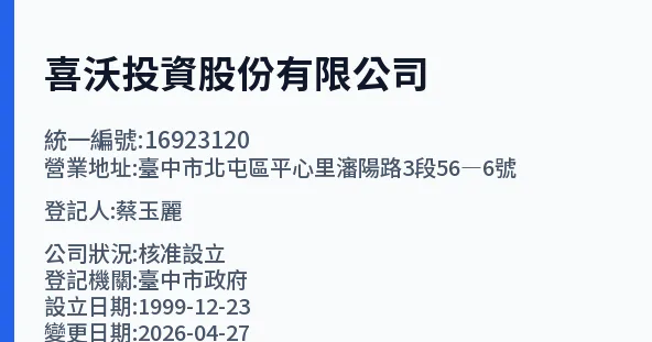 喜沃投資股份有限公司的照片-統編 16923120(臺中市) 公司登記資料與營業項目詳細圖表