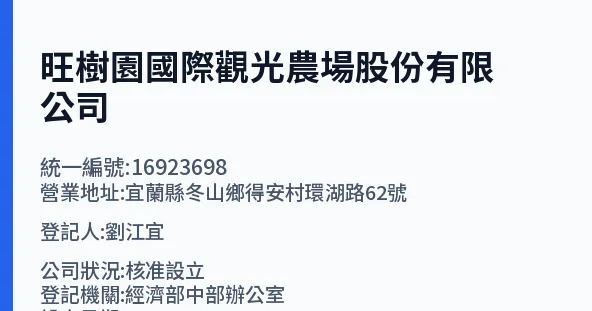 旺樹園國際觀光農場股份有限公司的照片-統編 16923698(宜蘭縣) 公司登記資料與營業項目詳細圖表