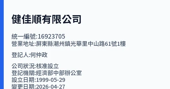 健佳順有限公司的照片-統編 16923705(屏東縣) 公司登記資料與營業項目詳細圖表