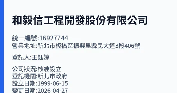 和毅信工程開發股份有限公司的照片-統編 16927744(新北市) 公司登記資料與營業項目詳細圖表