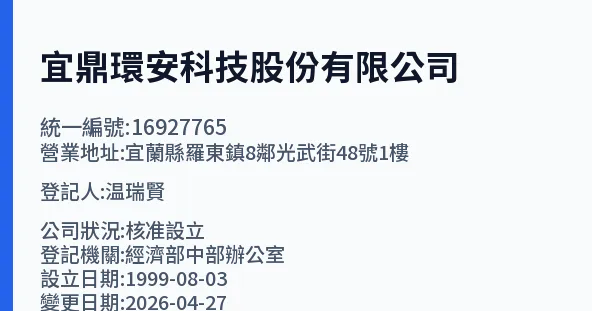 宜鼎環安科技股份有限公司的照片-統編 16927765(宜蘭縣) 公司登記資料與營業項目詳細圖表