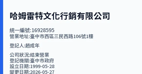 哈姆雷特文化行銷有限公司的照片-統編 16928595(臺中市) 公司登記資料與營業項目詳細圖表