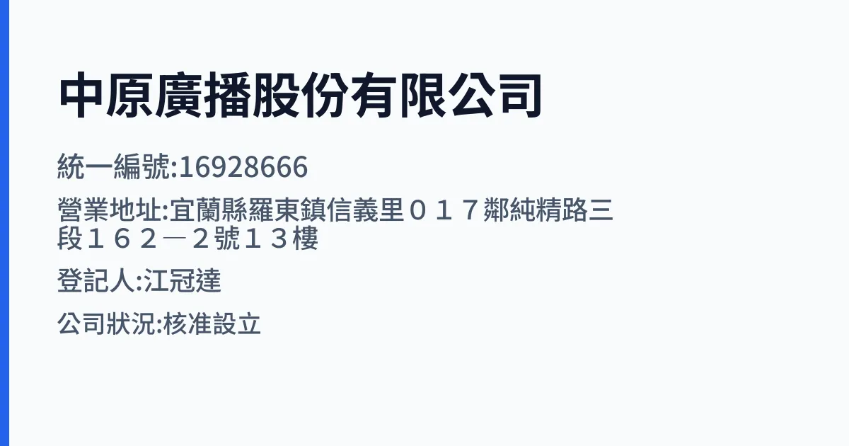 中原廣播股份有限公司 - 統編 16928666(宜蘭縣) 公司登記資料與營業項目詳細圖表