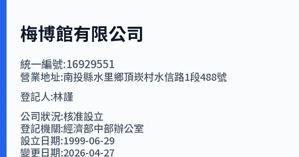 梅博館有限公司的照片-統編 16929551(南投縣) 公司登記資料與營業項目詳細圖表