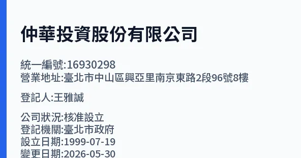 仲華投資股份有限公司的照片-統編 16930298(臺北市) 公司登記資料與營業項目詳細圖表