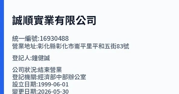 誠順實業有限公司的照片-統編 16930488(彰化縣) 公司登記資料與營業項目詳細圖表
