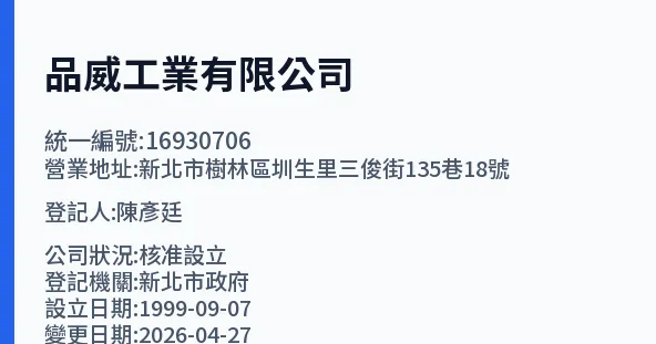 品威工業有限公司的照片-統編 16930706(新北市) 公司登記資料與營業項目詳細圖表