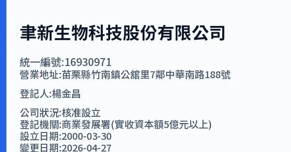 聿新生物科技股份有限公司的照片-統編 16930971(苗栗縣) 公司登記資料與營業項目詳細圖表