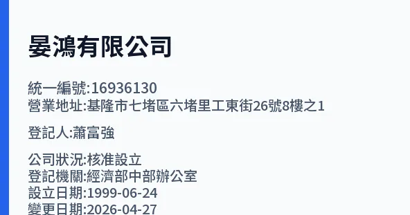 晏鴻有限公司的照片-統編 16936130(基隆市) 公司登記資料與營業項目詳細圖表