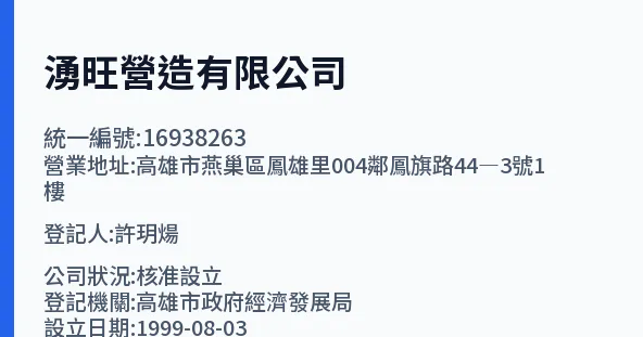 湧旺營造有限公司的照片-統編 16938263(高雄市) 公司登記資料與營業項目詳細圖表