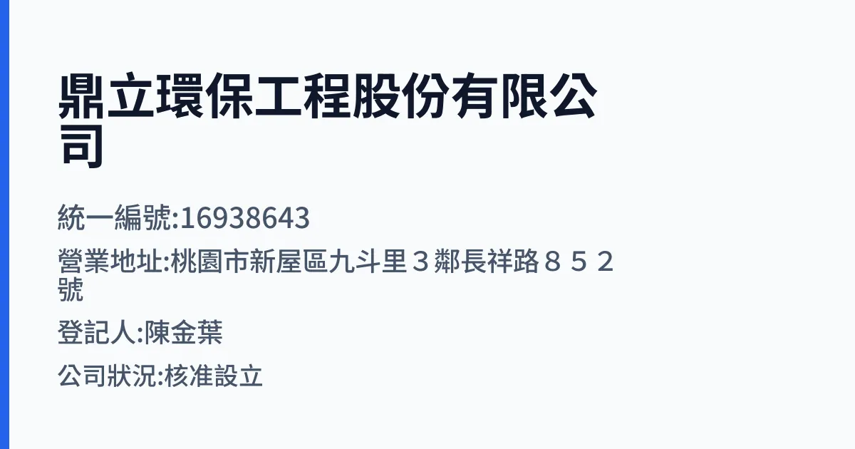 鼎立環保工程股份有限公司 - 統編 16938643(桃園市) 公司登記資料與營業項目詳細圖表