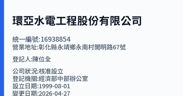 環亞水電工程股份有限公司的照片-統編 16938854(彰化縣) 公司登記資料與營業項目詳細圖表