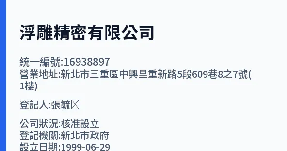 浮雕精密有限公司的照片-統編 16938897(新北市) 公司登記資料與營業項目詳細圖表