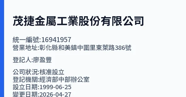 茂捷金屬工業股份有限公司的照片-統編 16941957(彰化縣) 公司登記資料與營業項目詳細圖表