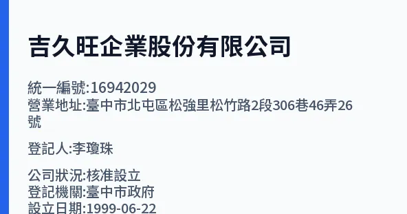 吉久旺企業股份有限公司的照片-統編 16942029(臺中市) 公司登記資料與營業項目詳細圖表