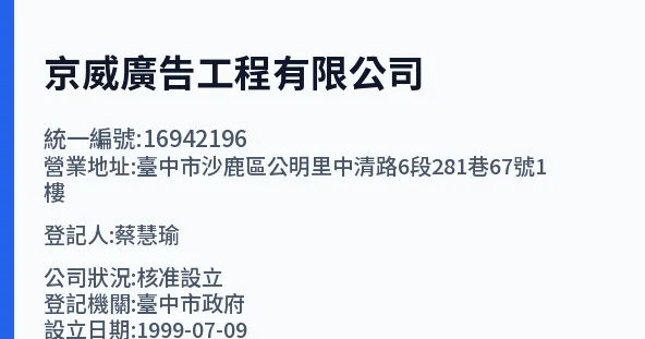 京威廣告工程有限公司的照片-統編 16942196(臺中市) 公司登記資料與營業項目詳細圖表