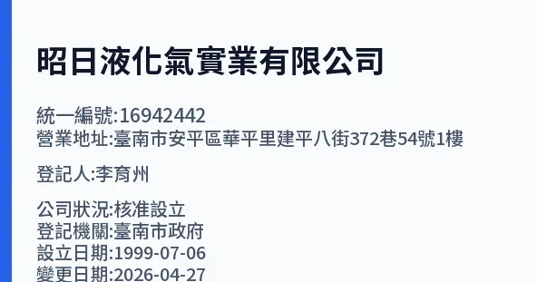 昭日液化氣實業有限公司的照片-統編 16942442(臺南市) 公司登記資料與營業項目詳細圖表