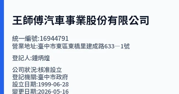 王師傅汽車事業股份有限公司的照片-統編 16944791(臺中市) 公司登記資料與營業項目詳細圖表
