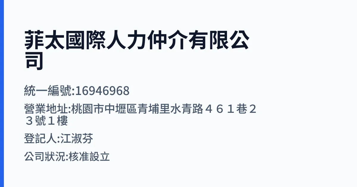 菲太國際人力仲介有限公司 - 統編 16946968(桃園市) 公司登記資料與營業項目詳細圖表