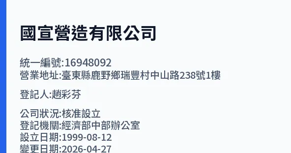 國宣營造有限公司的照片-統編 16948092(臺東縣) 公司登記資料與營業項目詳細圖表